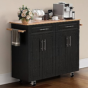 Kitchen Islands with Storage, Kitchen Carts and Islands Rolling Kitchen Island Storage Cabinets on Wheels with Drawers, Towel Rack and Shelves in Dining Room, Black