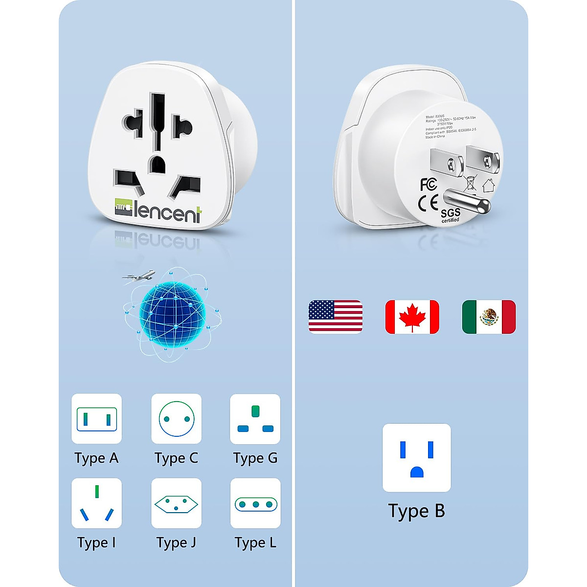 LENCENT World to US Plug Adapter, [2 Packs] European EU Europe/UK/Australia/China/Italy to USA American Outlet Power Adaptor Travel Plug Converter