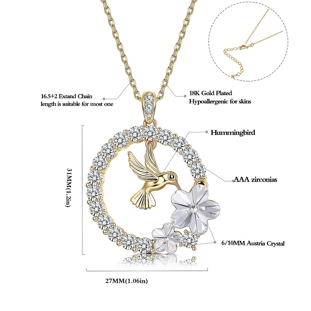 Sllaiss 18K Gold Plated Hummingbird Pendant Necklace for Women Circle Necklace, Animal Necklace Crystals from Austria,Jewelry Gifts for Christmas