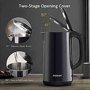 ROZKOP Electric Tea Kettle Double Wall 304 Stainless Steel 1.7L Hot Water Boiler, 1500W Water Kettle with Auto Shut-Off & Boil Dry Protection, BPA-Free, Cordless Base & LED Indicator