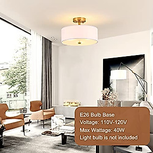 Ludil 3-Light Semi Flush Mount Ceiling Light Fixture, 13" Gold Drum Light Fixture, Modern Close to Ceiling Light with White Fabric Shade Lamps for Bedroom Living Dining Room Kitchen Hallway Entryway