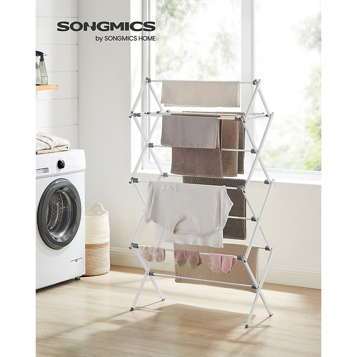 SONGMICS Foldable Clothes Drying Rack, Laundry Drying Rack, Clothes Airer, Steel Frame, 14.6 x 29.5 x 53.2 Inches, Easy Assembly, Indoor Outdoor Use, White ULLR770W01