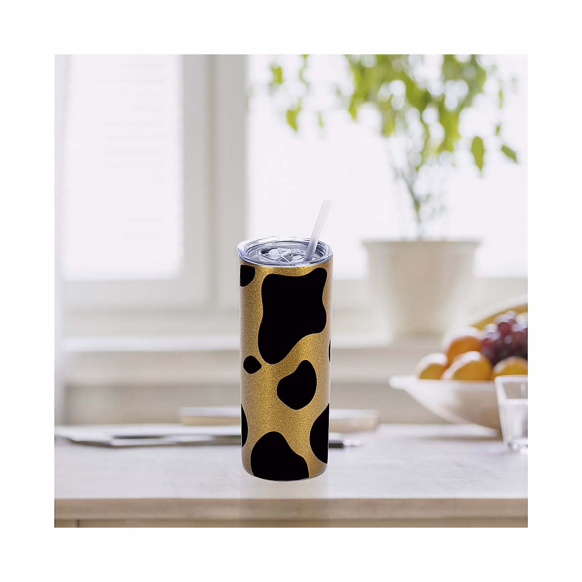 Elanze Designs Cow Animal Print Wrap-Around Design 20 Ounce Insulated Stainless Steel Coffee Travel Tumbler Mug Cup, Slide Top Lid & Reusable Straw, Vegas Gold Glitter
