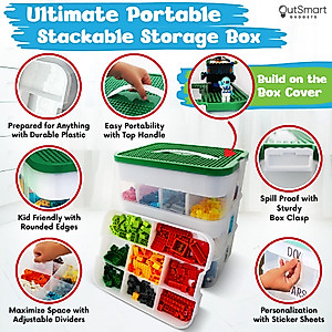 Outsmart Gadgets Plastic Stackable Toy Storage Organizer Bin for Lego, Building Bricks, Dolls and Crafts Organization, 3 Layers with Adjustable Compartments,ABC Stickers and 2 Lids Included