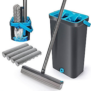 Gadhra PVA Sponge Mop and Bucket Set with 4 Sponge Mop Head Replacement, Ultra Absorbent Sponge, Wet and Dry Separation, Professional Sponge Mops for Floor Cleaning