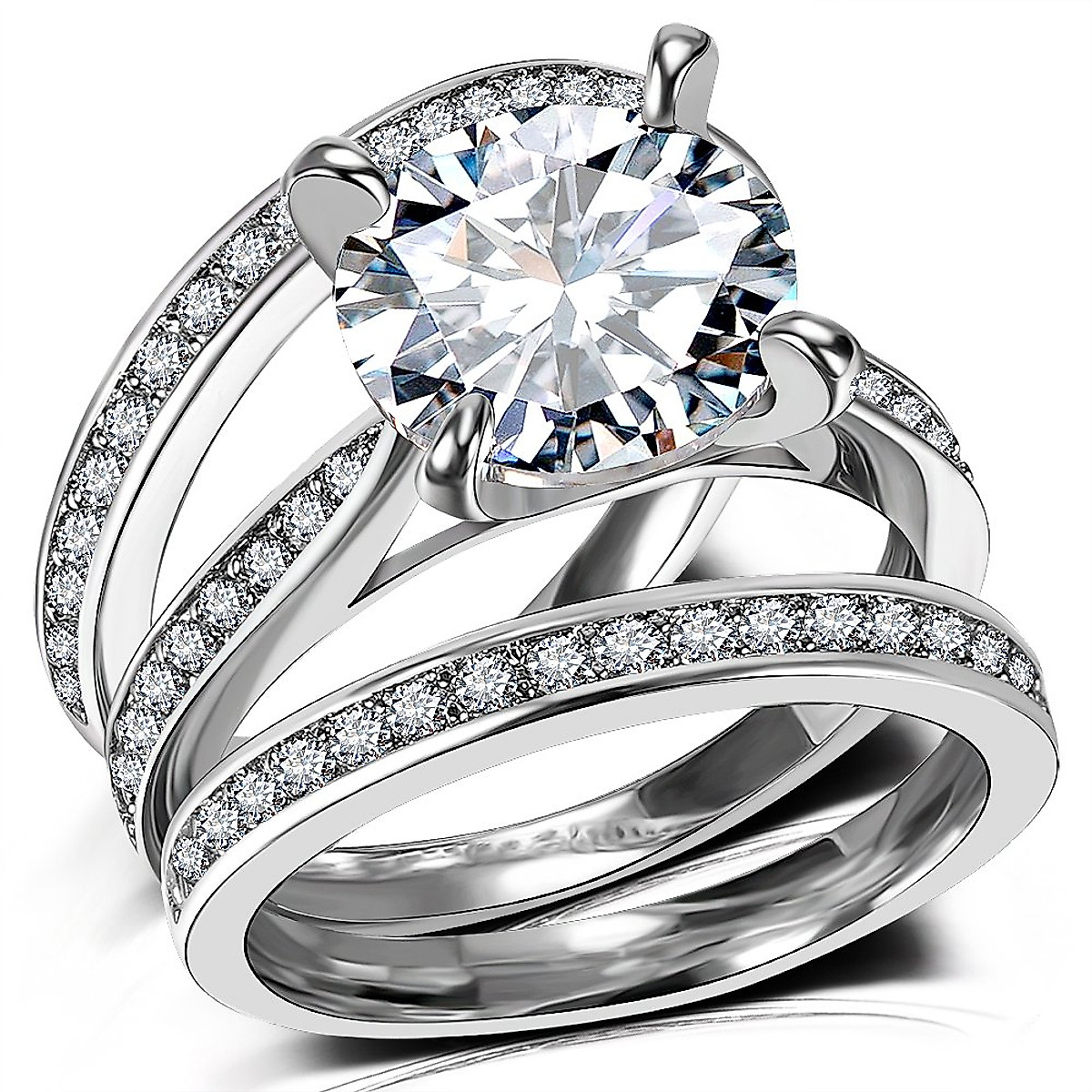 Round Cut CZ Bridal Set - 3 PCS/Set Big Solitaire Cubic Zirconia Engagement Wedding Ring Set for Women with Band