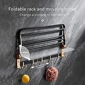 Bathroom Towel Rack Lavatory Hotel 24 Inch Foldable Towel Shelf with Towel Bar and Movable Hooks, Black and Matte Gold Polished Aluminum Modern Wall Mount Holder