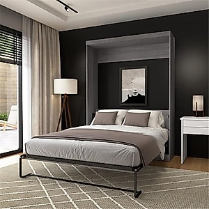 Pemberly Row Queen Size Wall Bed with Wooden Slats in Engineered Wood, in Gray, No Box Spring Needed, Easy Assembly