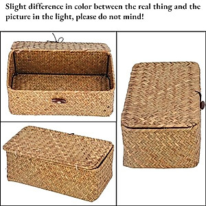 Seagrass Storage Basket, Rectangular Seagrass Basket, Natural Seagrass Storage Basket Woven Rectangular Shelf Basket Bins with Lids Desktop Organizer Wicker Baskets for Organizing(L)