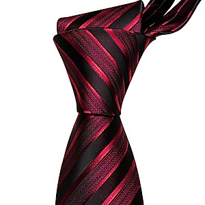 Barry.Wang Stripe Men Ties Set Classic WOVEN Necktie with Handkerchief Cufflinks Formal Black Red