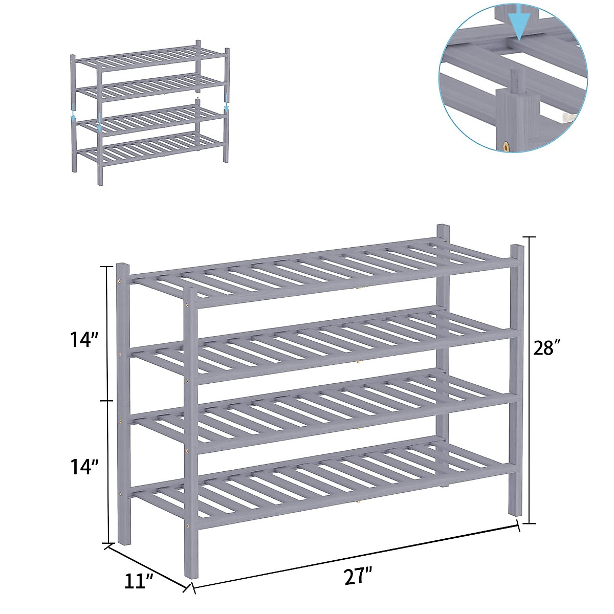 RONGJIA 4-Tier Natural Bamboo Shoe Rack - Stackable Storage Shelf with Multi-Function Combinations - Free Standing Shoe Racks for Convenient Shoe Organization（Gray） 11" D x 27" W x 28" H