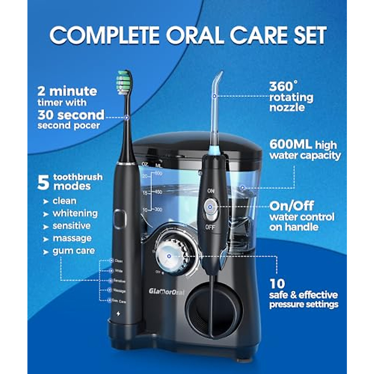 Electric Toothbrush with Water Flosser,600ML Oral Irrigator Water Flosser with 7 Jet Tips,10 Adjustable Water Pressure,Sonic Electric Toothbrush with 2 Brush Heads,5 Modes(Black)