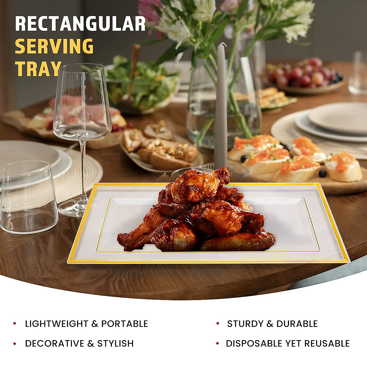 Yumchikel- Serving Tray Plastic for Party, 14" x 7.5" Platters for Serving Food (Clear Gold Rim)