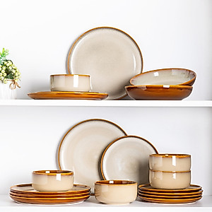 LeRatio Ceramic Dinnerware Sets for 4,12-Piece Plates and Bowls,Handmade Reactive Glaze Dishes Set,Chip Resistant and Scratch Resistant | Oven Dishwasher & Microwave Safe,Service for 4-Kahki