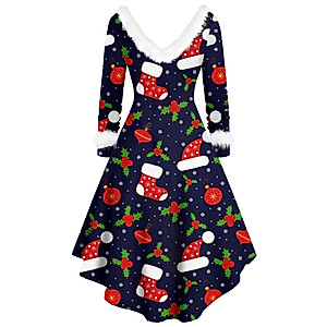Red Dresses for Women Sexy Santa Christmas Printed Midi Dresses Furry V-Neck A-Line Swing Party Dress Cosplay Costume