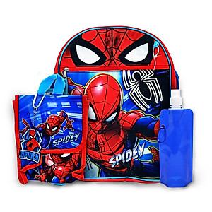 Spiderman Backpack with Lunch Bag 2-Key Chains Water Bottle - 5 Piece Kids School Backpack Set - Boys Girls Shoulder Book Bag Printed Marvel Superhero Spiderman