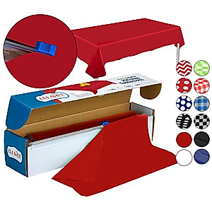 Disposable Table Cover: Durable Plastic Indoor/Outdoor Tablecloth 100' X 52" with Easy to Use Safe Cutter for Patio, Parties, Barbecue & Kitchen Table (Ruby Red)