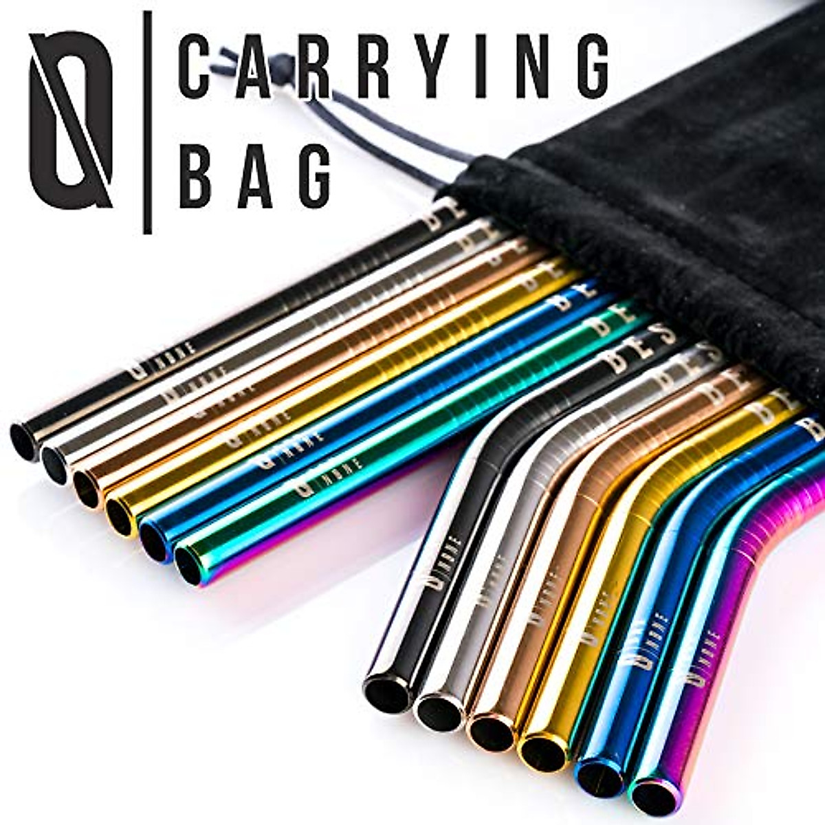 BAR NONE Best Straws Set of 12 | 10.5" Long Wide Rainbow Multi Colored Stainless Steel Metal Drinking Straws Reusable Straight & Curved Cleaning Brushes & Silicone Tips Straw Brush Cup Drinks