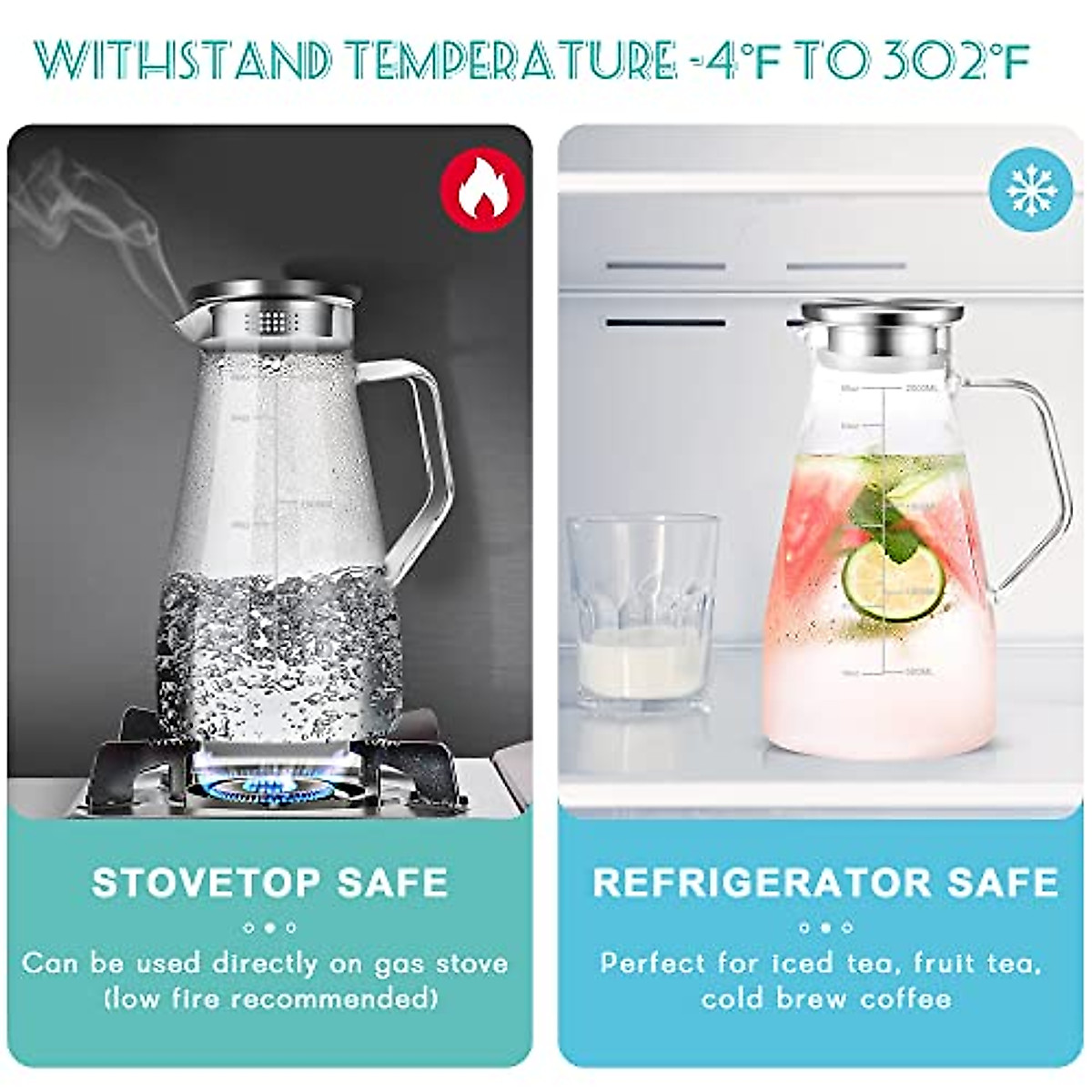 Glass Pitcher with Lid - HIHUOS 68oz Water Pitcher with Precise Scale Line - Easy Clean Heat Resistant Iced Tea Pitcher - Borosilicate Glass Carafe with Free Brush - Premium Gift Box