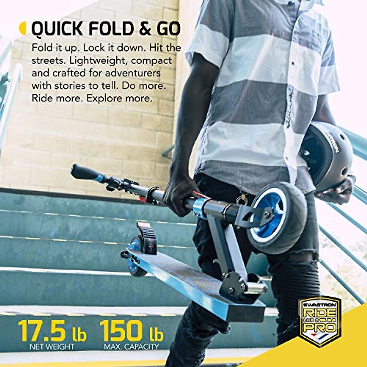 Swagtron SG-8 Swagger 8 Lightweight Folding Electric Scooter for Kids & Teens with Kick-to-Start, Cruise Control, Adjustable Stem, Suspension, Quiet Motor (IPX4), Blue