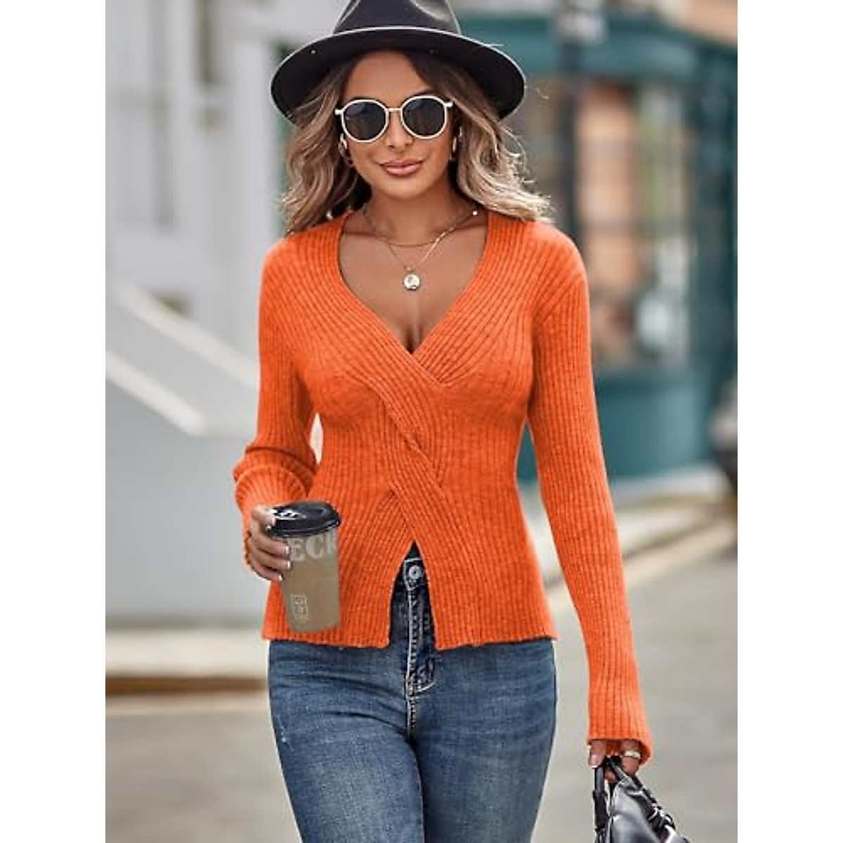 ZAFUL Women's Criss Cross V Neck Sweaters 2024 Fall Front Slit Ribbed Knit Pullover Sweater Jumper Tops Orange