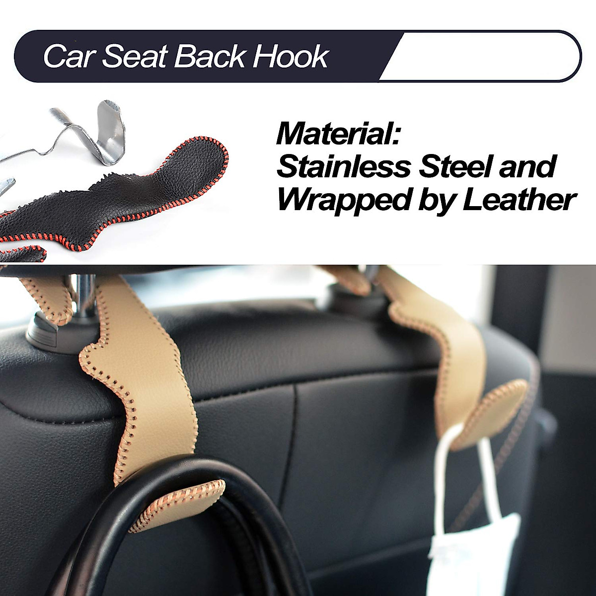 MECHCOS Car Seat Headrest Hooks for Car Back Seat Organizer Hanger Storage Hook Holder for Car SUV Organization Purse Shopping Groceries Bag Handbag, Beige, 2 Pack