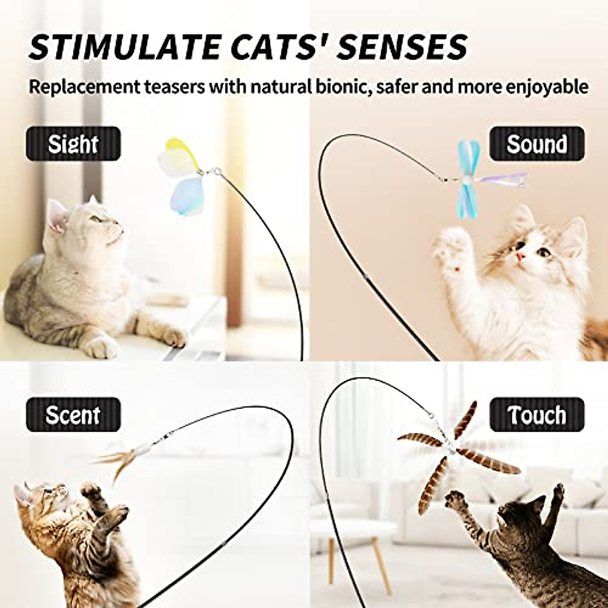 uahpet Natural Feather Cat Toys for Indoor Cats Retractable Cat Wand 60inch Safe Hunting Distance Interactive Toys for Kittens with 4Pcs Different Senses Replacement Teasers Arouse Cat Desire to Hunt