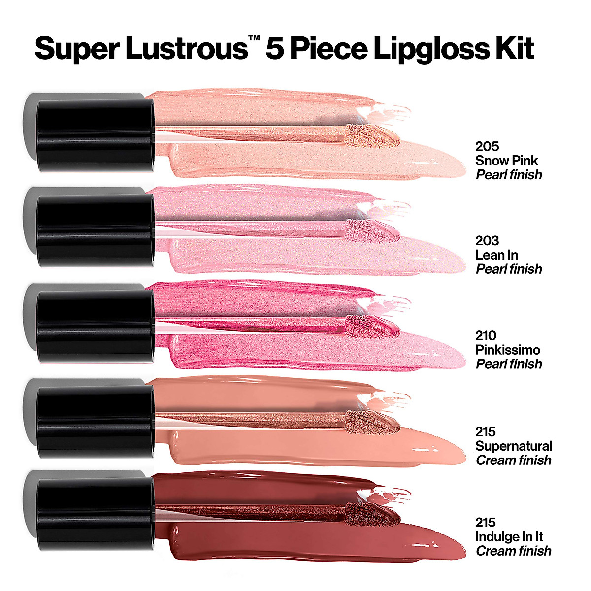 Revlon Super Lustrous The Gloss, 5 Piece Lipgloss Gift Set, Non-sticky High Shine Color in Cream & Pearl Finishes, Pack of 5, 0.75 Fl Oz