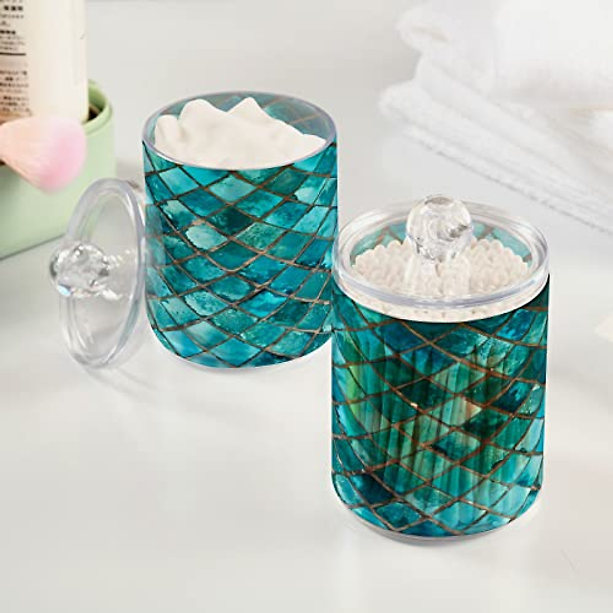 MCHIVER Teal Mermaid Bathroom Canisters Organizer 2 Pack Clear Plastic Jars with Lids 10 Oz Vanity Organizer for Cotton Round Pads Ball Swab Floss