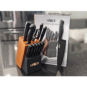 HZEX Premium Kitchen Knife Set, 13-Piece Knives Set in Block, Built-in Sharpener, High Carbon Stainless Steel Knives in Matte Black, Durable Chef's Butcher Steak Paring Utility Bread Knifes