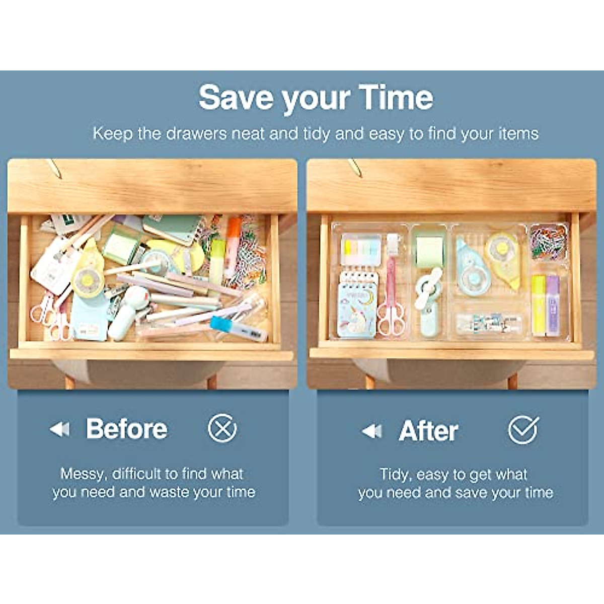 Puroma 31Pcs Drawer Organizer Set 5-size Versatile Vanity and Bathroom Drawer Organizers, Clear Plastic Desk Drawer Organizer Trays and Customize Layout Storage Bins for Makeup Kitchen Office (Clear)