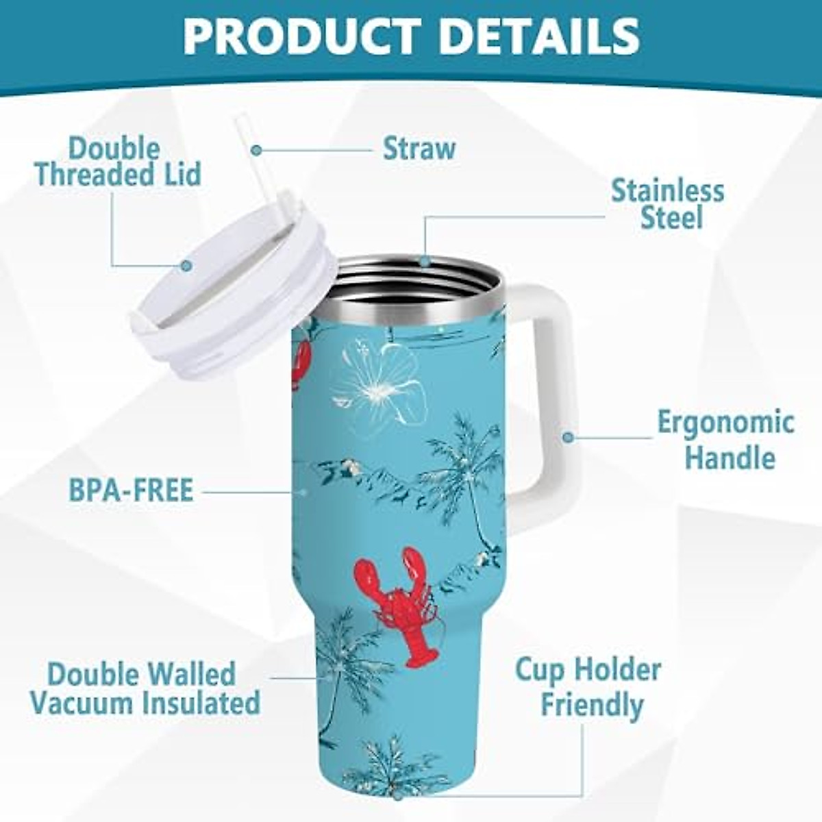 DIGTIA Stainless Steel Insulated Tumbler w/Handle & Straw, Lobster Double Wall Vacuum Travel Coffee Mug Cup w/Lid, Leak-Proof Sports Summer Beach Water Bottle,30oz