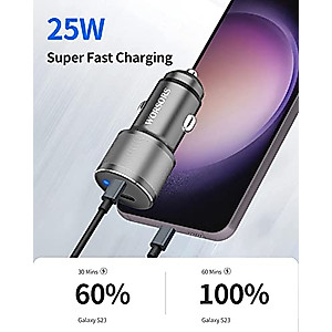 Dual USB C Car Charger, 60W PD (30W + 30W) Super Fast Charging Adapter Metal for Samsung Galaxy S23 Ultra/S23 Plus/S23/S22 Ultra/S22+/S21/S20/S10/Fe, Note 20/10, iPad Pro + 2X Type C to C Cable 3.3Ft