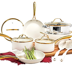 Gotham Steel 15 Pc Ceramic Pots and Pans Set Non Stick, Kitchen Cookware Sets, Pot and Pan Set, Ceramic Cookware Set, Non Toxic Cookware Set, Non Stick Pots and Pan Set Dishwasher Safe, Cream White