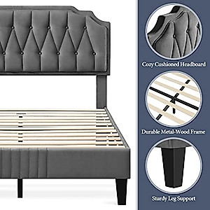 Yaheetech Full Bed Frame Velvet Upholstered Platform Bed with Curved Headboard, Height-Adjustable Headboard/Noise-Free/Wooden Slats Support/No Box Spring Needed/Easy Assembly, Dark Gray Full Bed