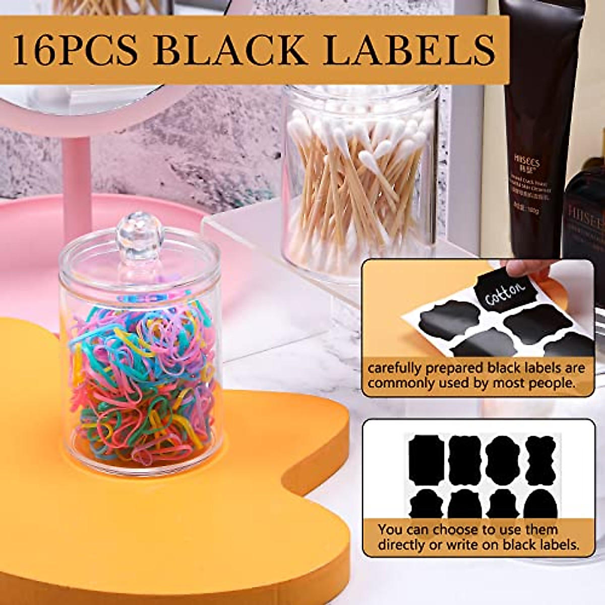 12 Pack Cotton Ball Dispenser Clear Apothecary Jars with Labels Acrylic Cotton Swab Holder Transparent Cotton Ball Container Round Flosser Organizer Cotton Balls Storage Bathroom Canisters