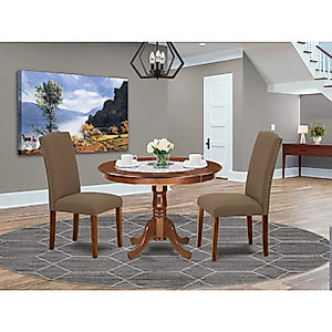 HomeStock Renaissance Refinement 3Pc Rounded 42 Inch Dining Room Table and 2 Parson Chair with Mahogany Leg and Linen Fabric Dark Coffee