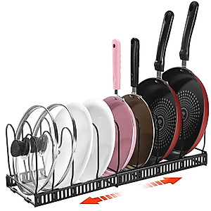 Mr Rabbi Pots and Pans Organizer Rack For Cabinet, 2 Pack Pot Lid Organizers, Or 1 Expandable Pot Rack For Kitchen Cabinet Pantry Bakeware Lid Holder with 10 Adjustable Compartments