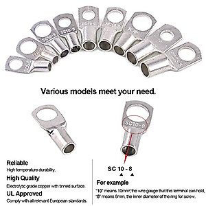 Glarks 125Pcs Marine Grade Heavy Duty Tinned Copper Wire Lugs Battery Cable Ends Eyelets SC Ring Terminal Connectors Assortment Kit