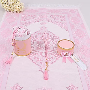 Islamic Elite Favors Personalized Muslim Lightweight Travel Prayer Rug Prayer Beads Set, Prayer Mat Tasbeeh Set, Ramadan Eid Hajj Umrah Wedding Birthday Graduation Mother's Day (Pink)