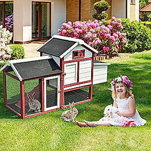 Tangkula 60" Large Rabbit Hutch Wooden White Rabbit Bunny Outdoor Animal Cage Rabbit Hutch House with Black Linoleum Roof
