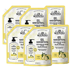 J.R. Watkins Gel Hand Soap Refill Pouch, Scented Liquid Hand Wash for Bathroom or Kitchen, USA Made and Cruelty Free, 34 fl oz, Lemon, 6 Pack