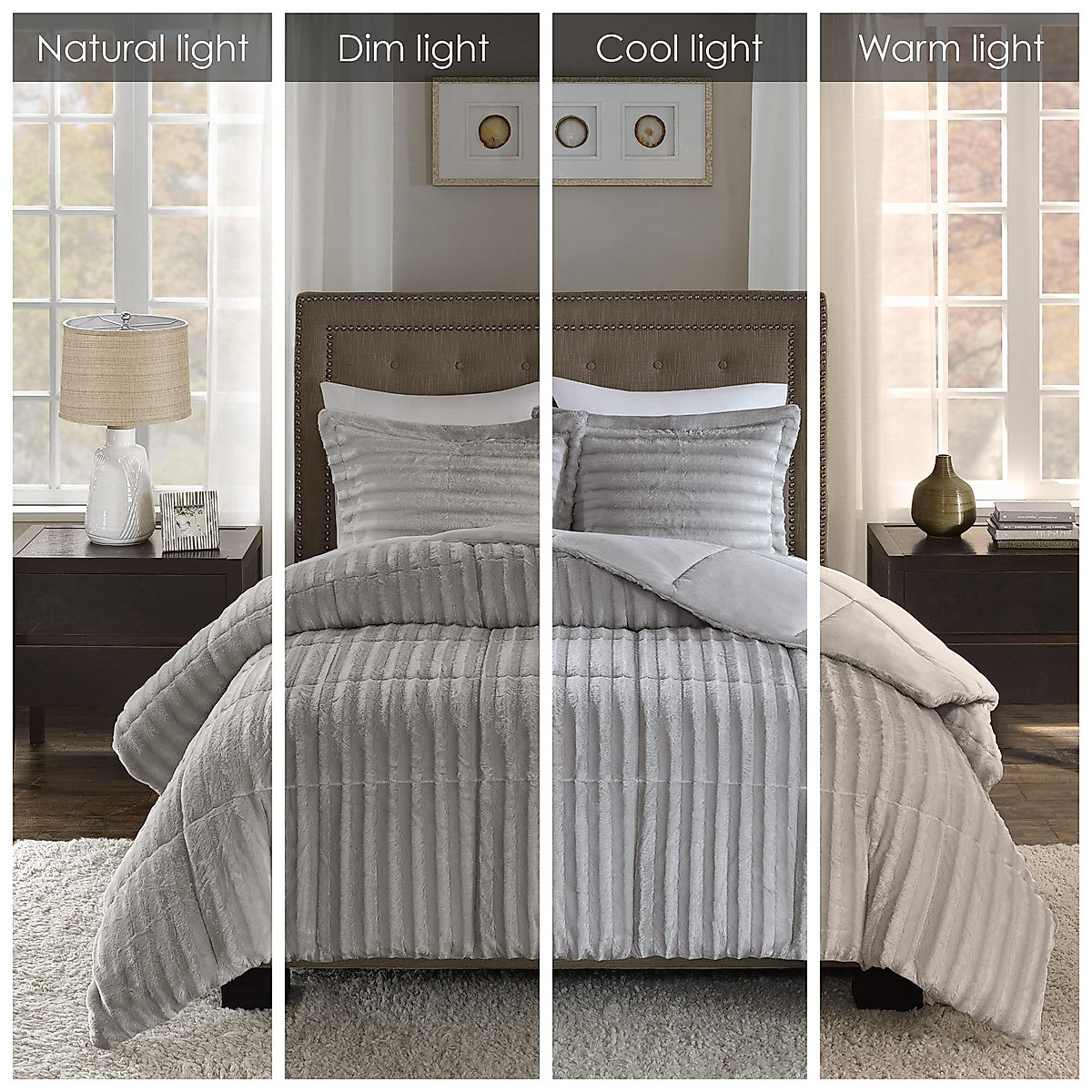 Madison Park Duke Luxe Faux Fur Reversible Comforter Set, Soft Plush Reverse, Modern Down Alternative Filling Cozy Bedding, Box Quilted Warm Cover, Matching Shams, King/California King, Grey 3 Piece