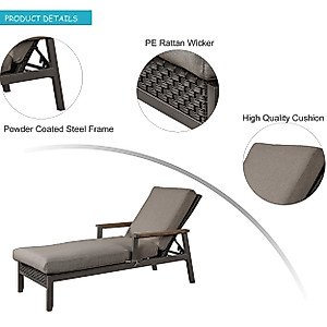 LOKATSE HOME Patio Adjustable Chaise Outdoor Rattan Lounge Furniture Wicker Armrest Chair with Cushion for Beach, Poolside, Dark Grey