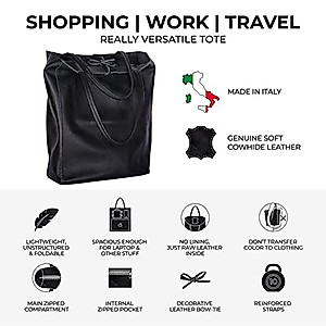 TAKEASY Women's Genuine Leather Italian Tote Bag with Zipper - Large Handbag for Shopping, Work and Travel (Black)