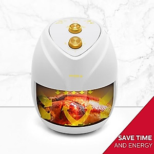 Holstein Housewares 4.8QT Air Fryer - Convenient and User Friendly with Optimal Cooking Functions to Fry, Bake, Grill and Roast, White and Gold Color. Golden Elegance