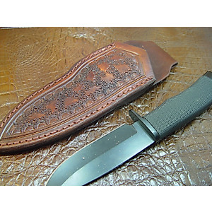 by Carl Thomas Jr. Custom Leather Knife Sheath That Fits a Buck 692 Vanguard or Zipper. Tooled and Dyed Dark Brown.