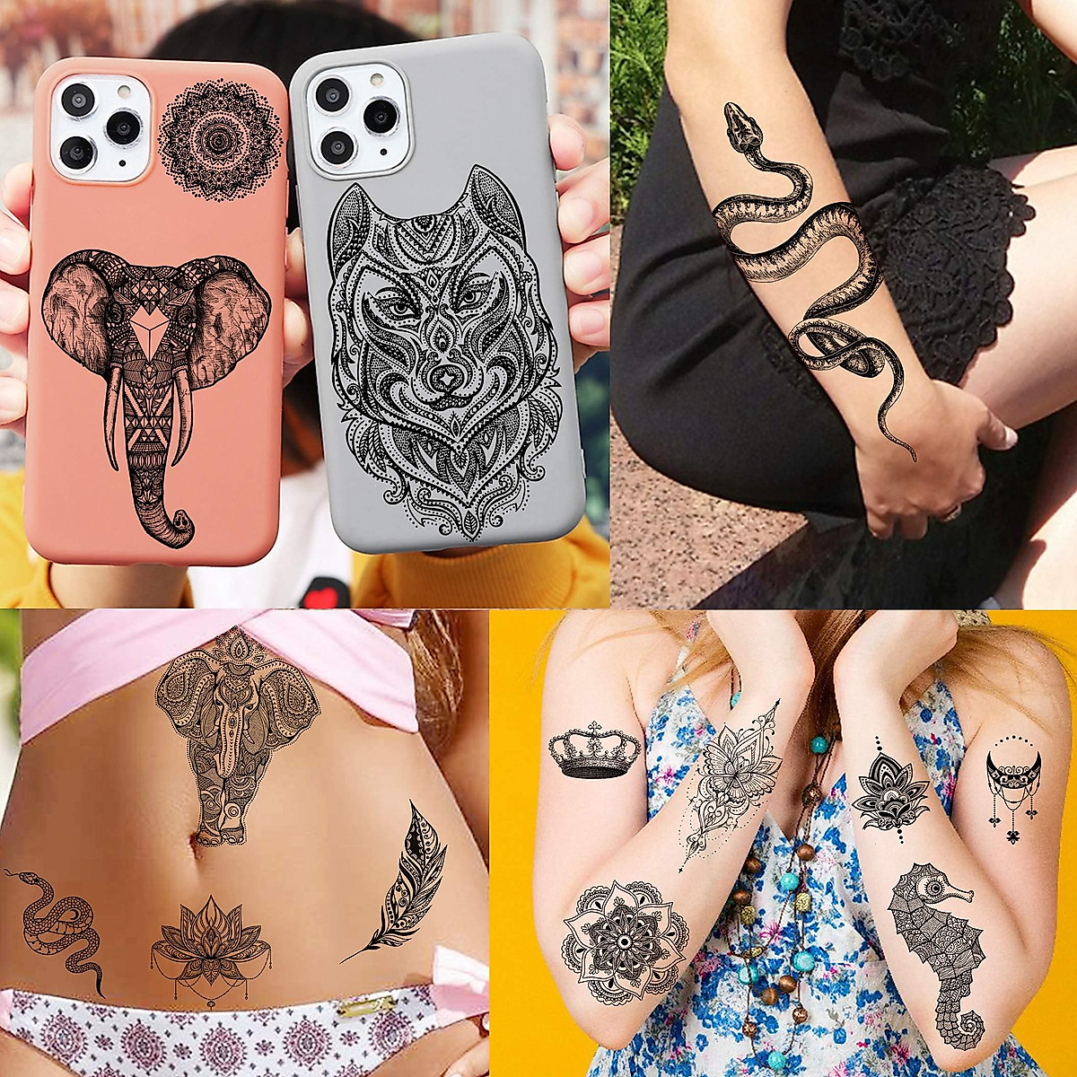 Shegazzi 58 Sheets Black Lace Temporary Tattoos For Women Girls, Large Lotus Mandala Flower Snake Elephant Butterfly Fake Adults Kit, Indian Tribal Skull Arm Sleeve Neck Tatoos Wedding