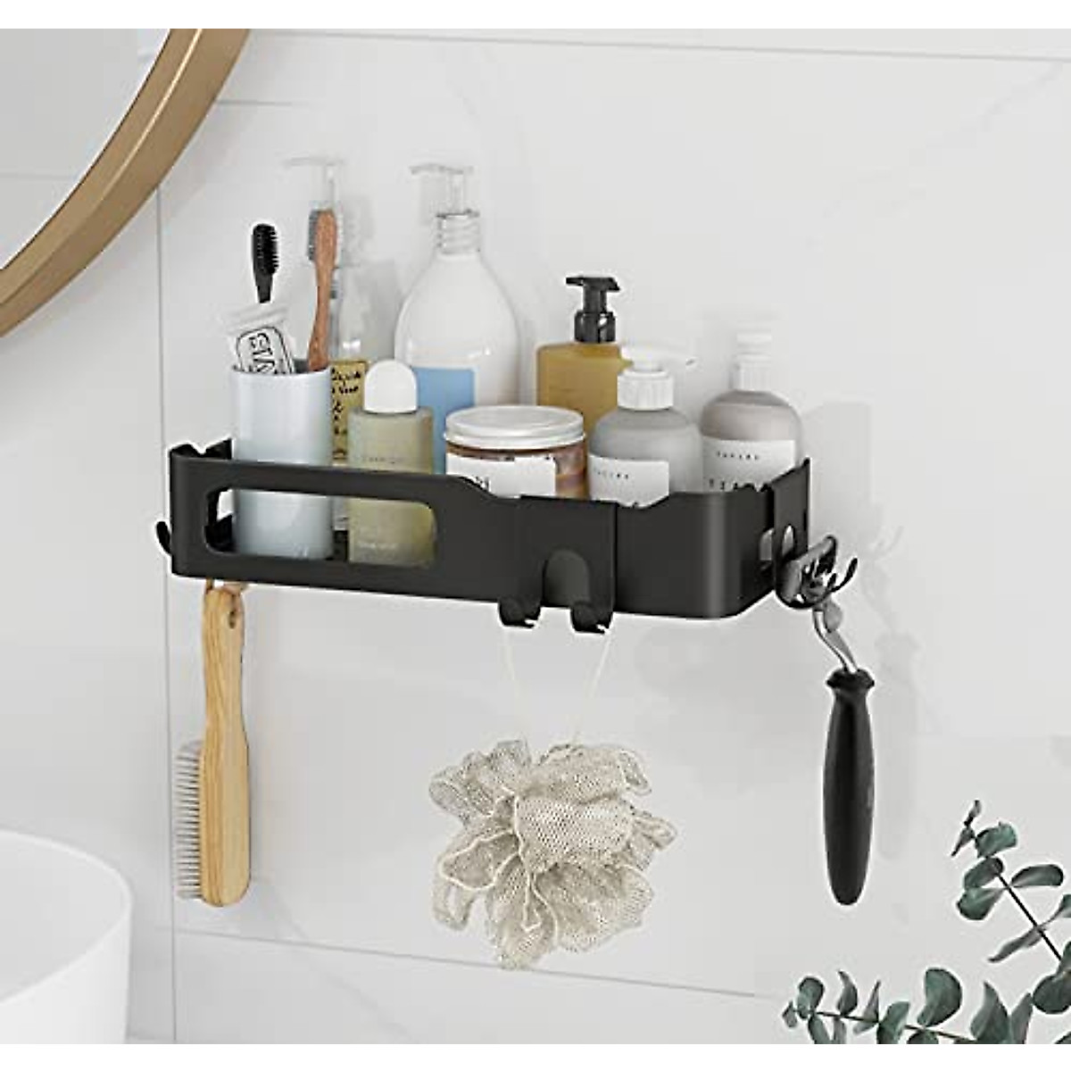Shower Caddy Stainless Steel Wall-Mounted Storage Rack, with 6 Hooks. Perforation Free, Adhere in Kitchen or Bathroom. Simple Installation, Convenient Use, and Large Capacity.