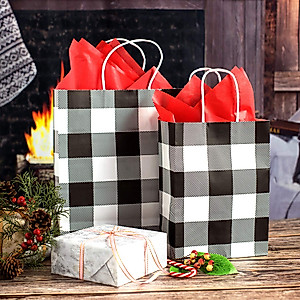 Whaline 24 Pack Christmas Buffalo Plaid Bags with 24 Sheets 20 x 20 Red Tissue Paper, White and Black Kraft Paper Bags Gift Wrapping Set for Holiday Party, Wedding and Gift Giving